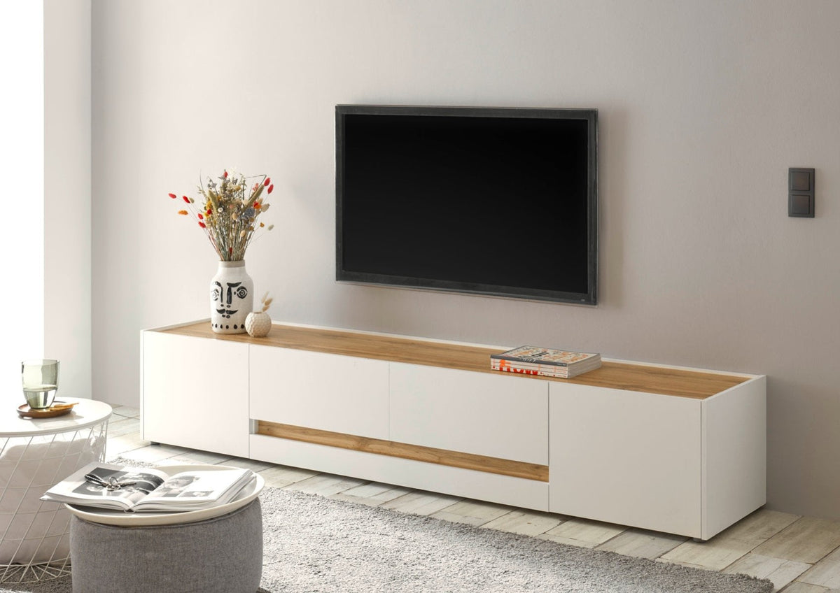 Lowboard 220x40 cm Eiche Weiss 2-türig + 2x Schubkästen BOSTON – Empinio24